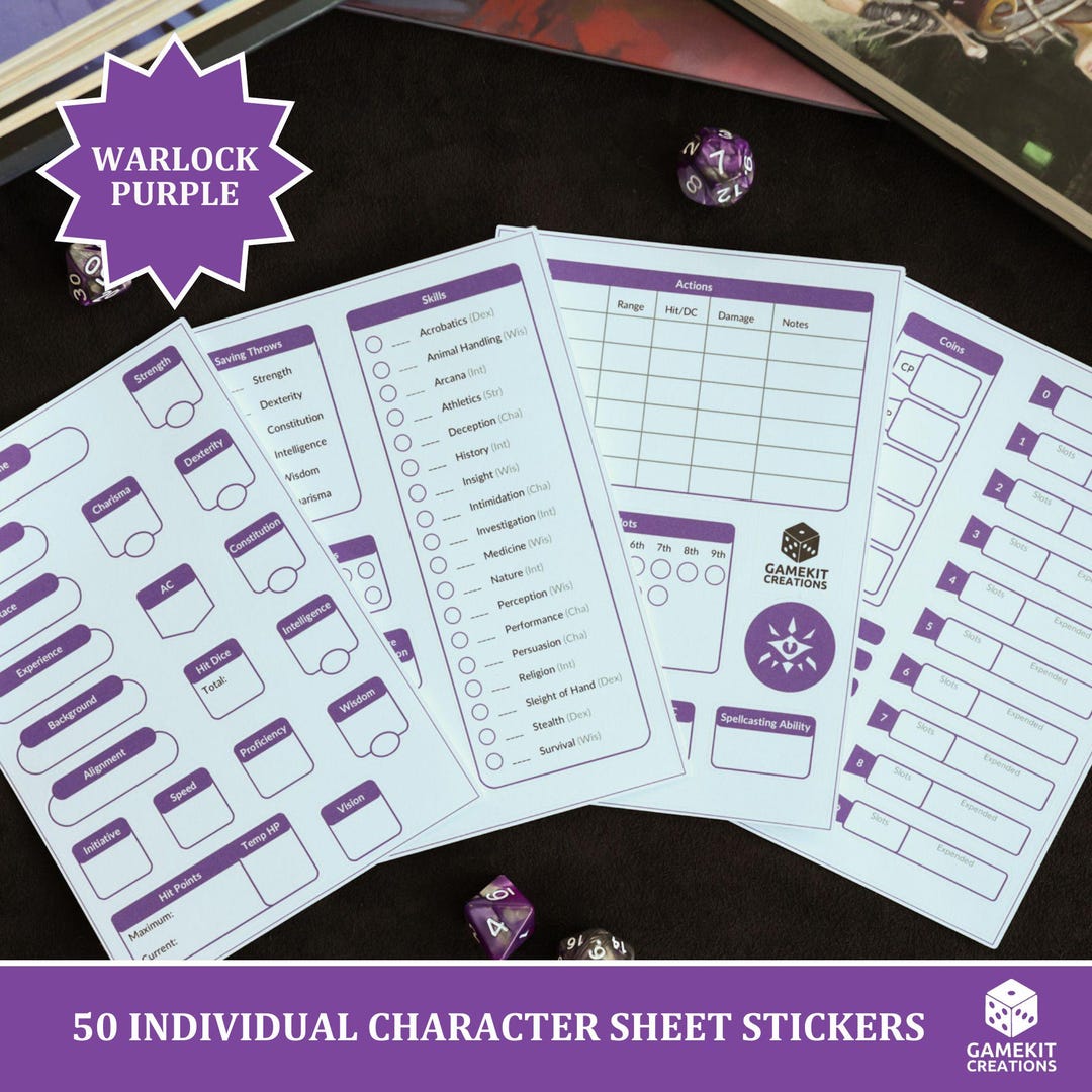 Character Sheet Stickers for Player Journals - Warlock Purple, RPG 5E ...