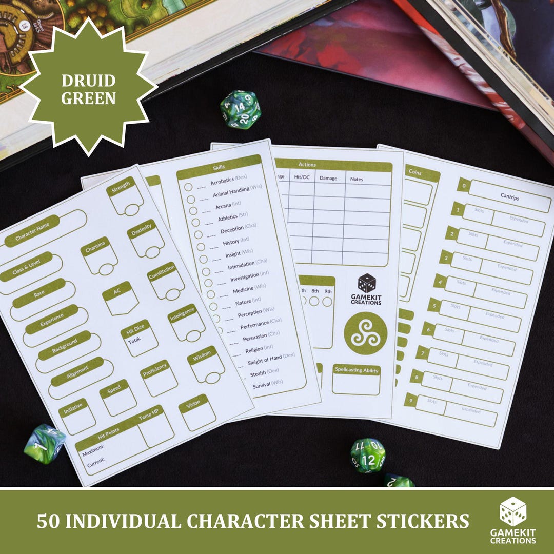 Character Sheet Stickers for Player Journals - Druid Green, Erasable ...