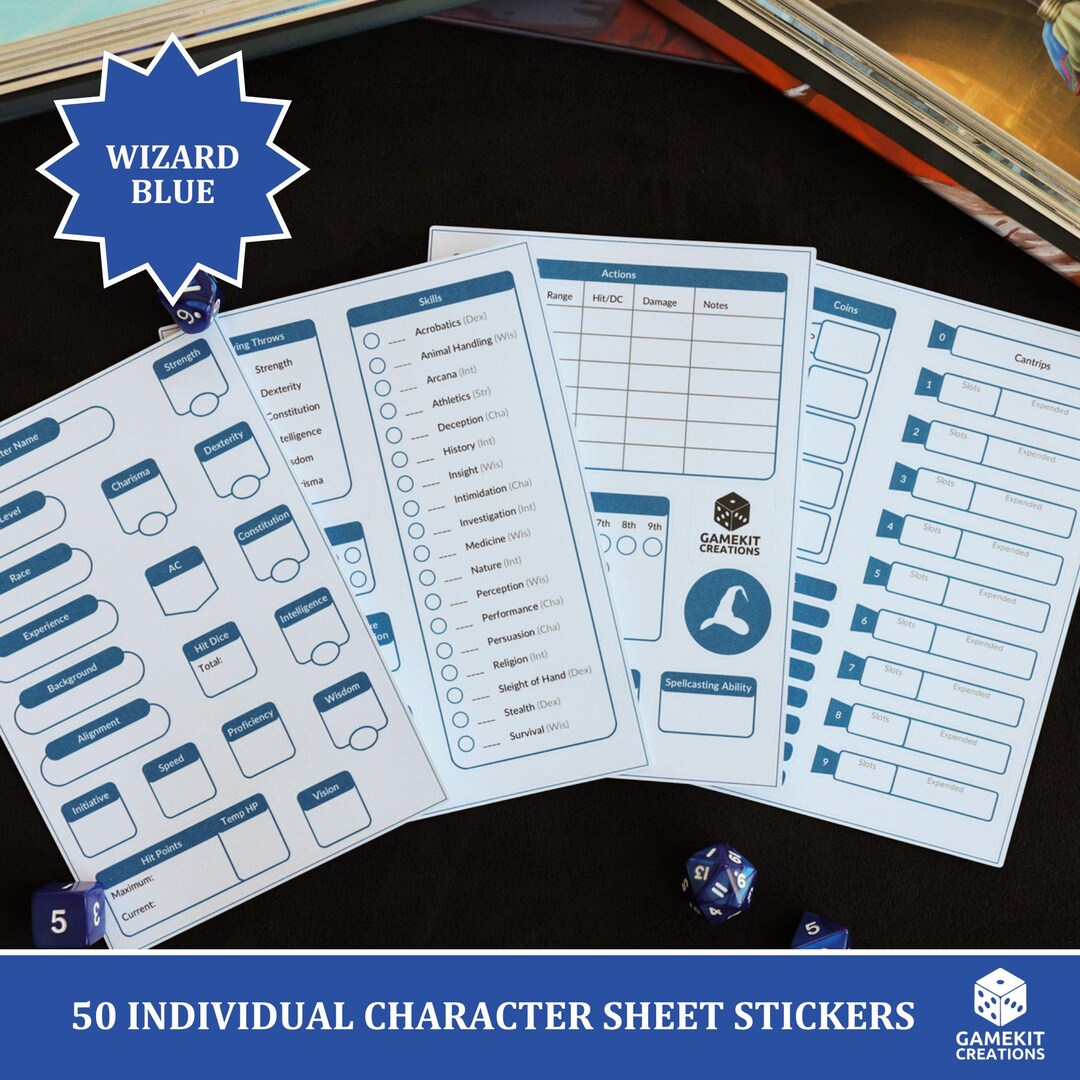 Character Sheet Stickers for Player Journals - Wizard Blue, RPG 5E ...