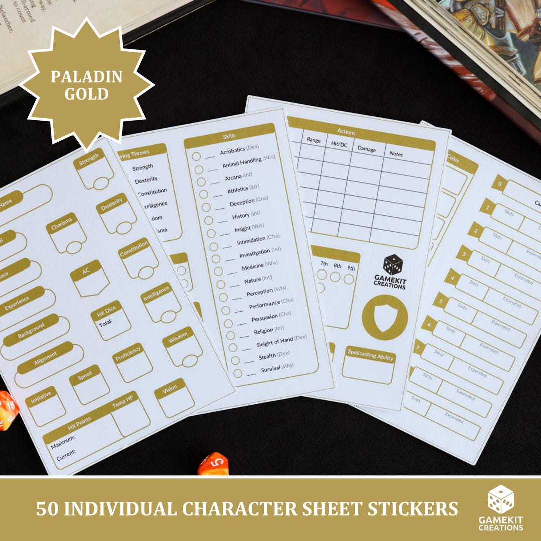 Character Sheet Stickers for Player Journals - Paladin Gold, Erasable ...