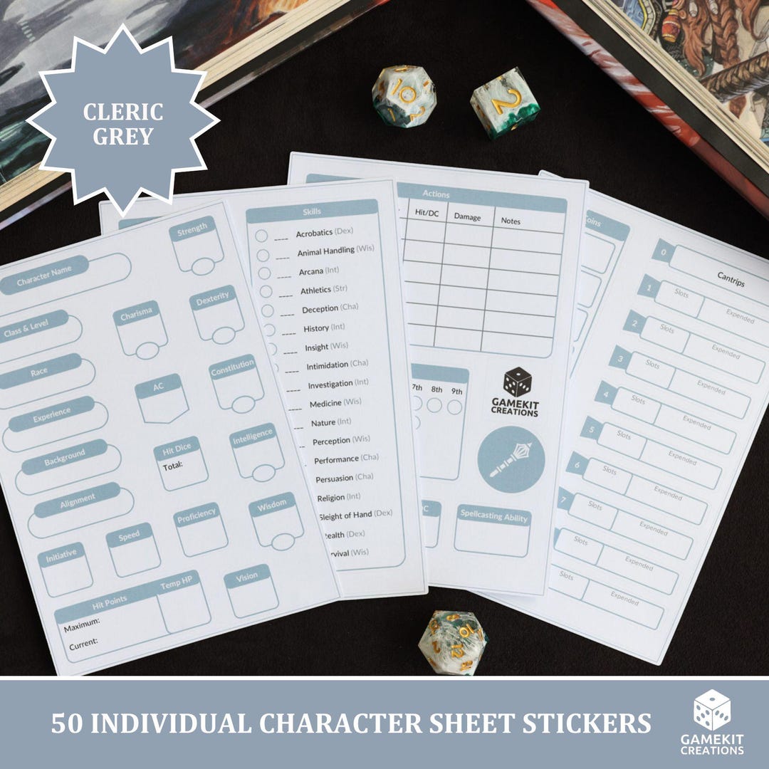 Cleric Grey 5E Character Sheet Stickers for Player Journals – Erasable ...