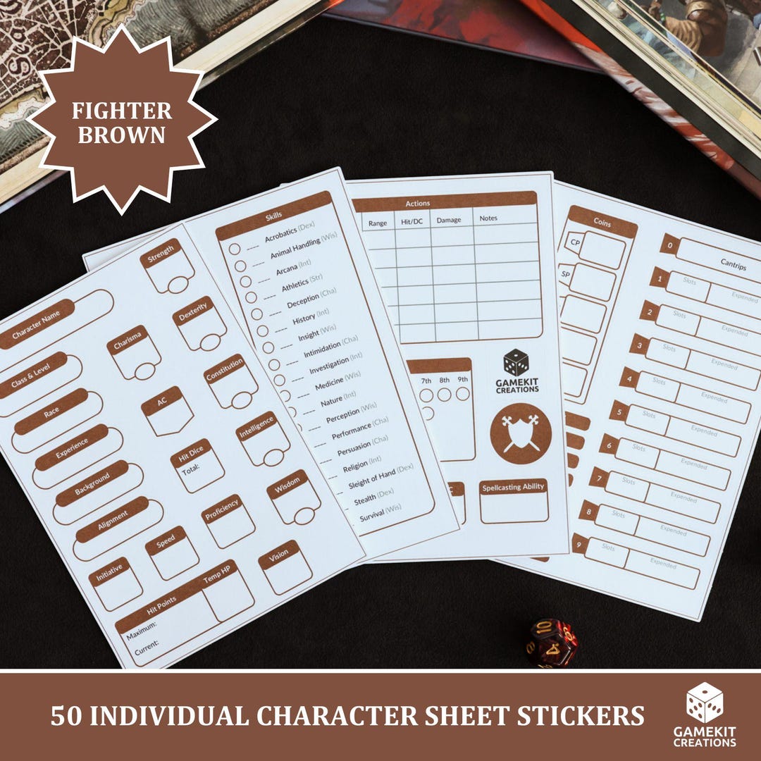 Character Sheet Stickers for Player Journals - Fighter Brown, Erasable ...
