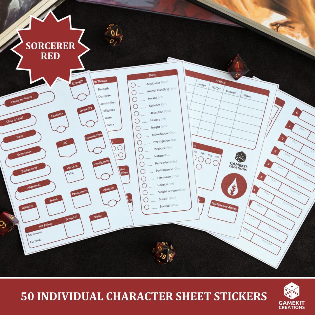 Character Sheet Stickers for Player Journals - Sorcerer Red, Erasable ...