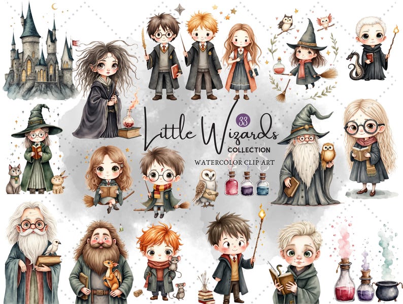 Cute Wizard School Clipart – Watercolor Magic Kids, Sweet Witch ...
