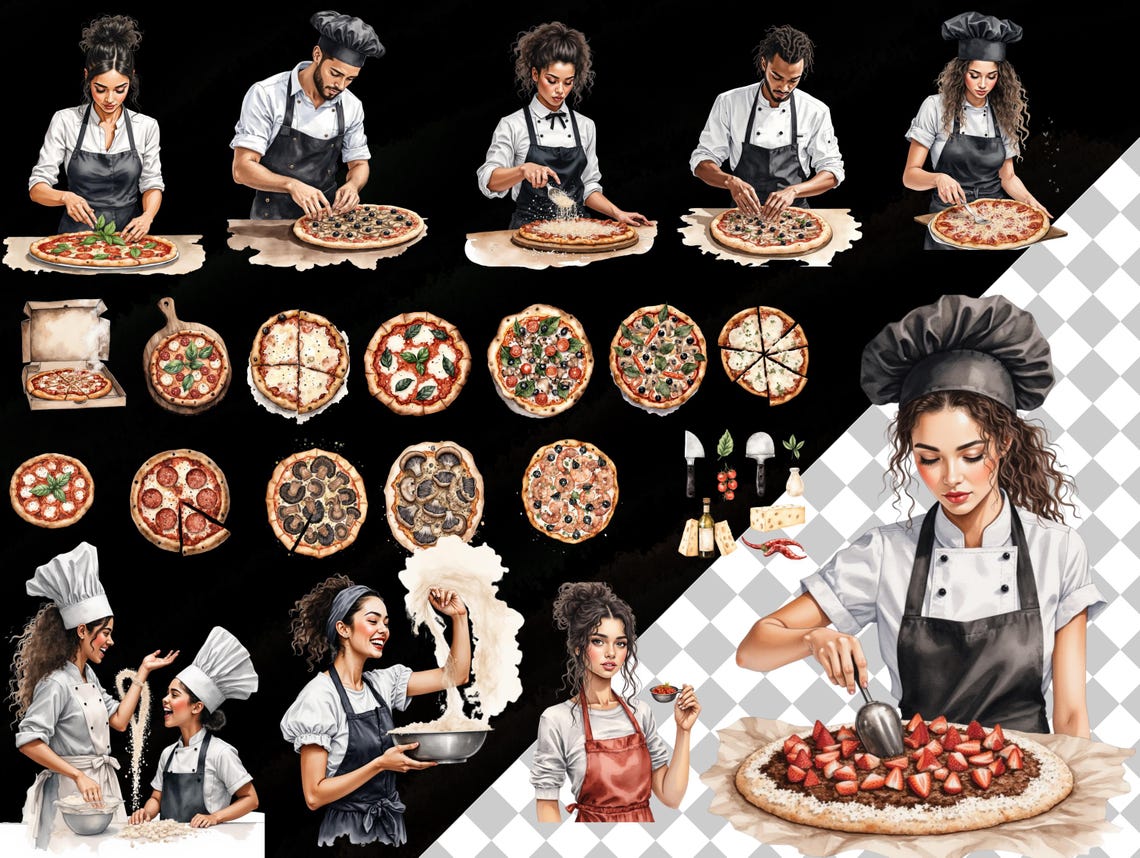 Pizza Clipart Bundle Tasty Watercolor PNG Set With Slices, Whole Pizzas ...