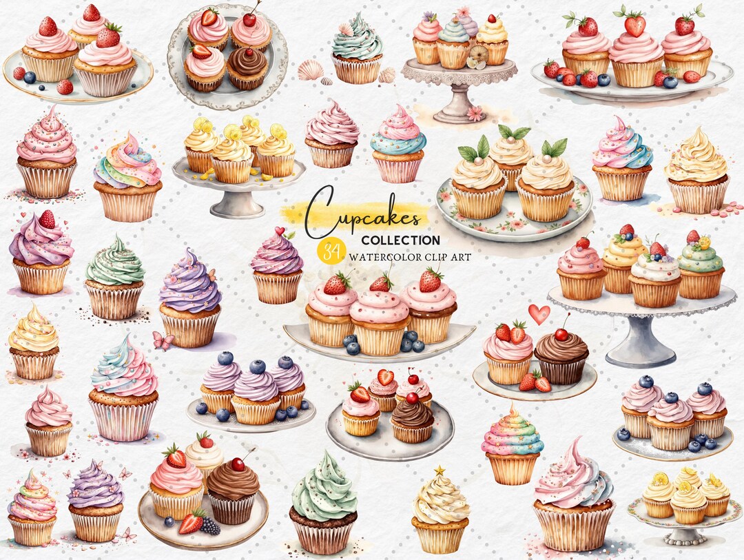 Cute Cupcake Clipart Bundle – Watercolor Dessert Pngs, Sweet Bakery ...