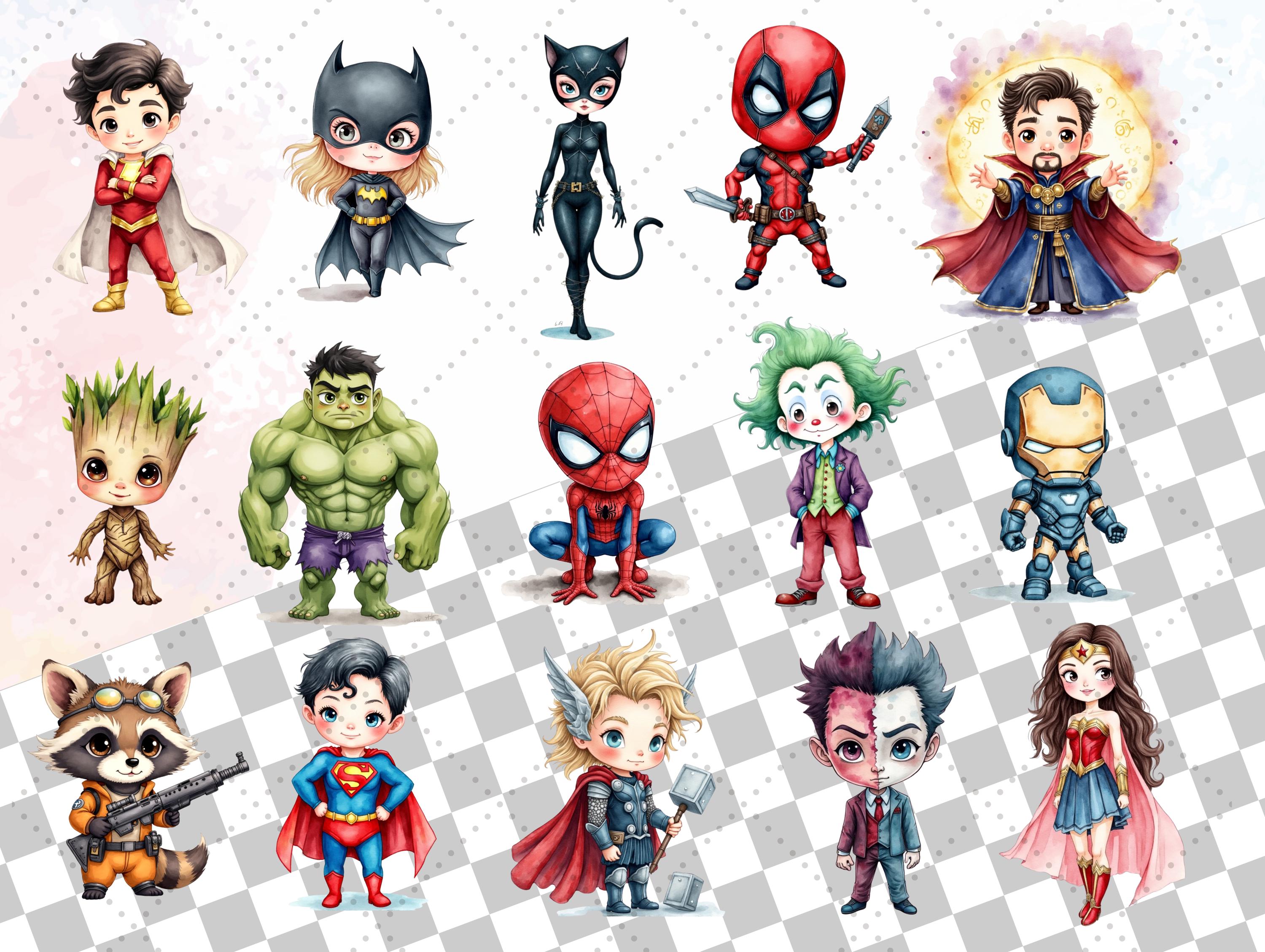 Superhero Style Clipart Bundle – Cute Chibi Heroes, Comic Book Action ...