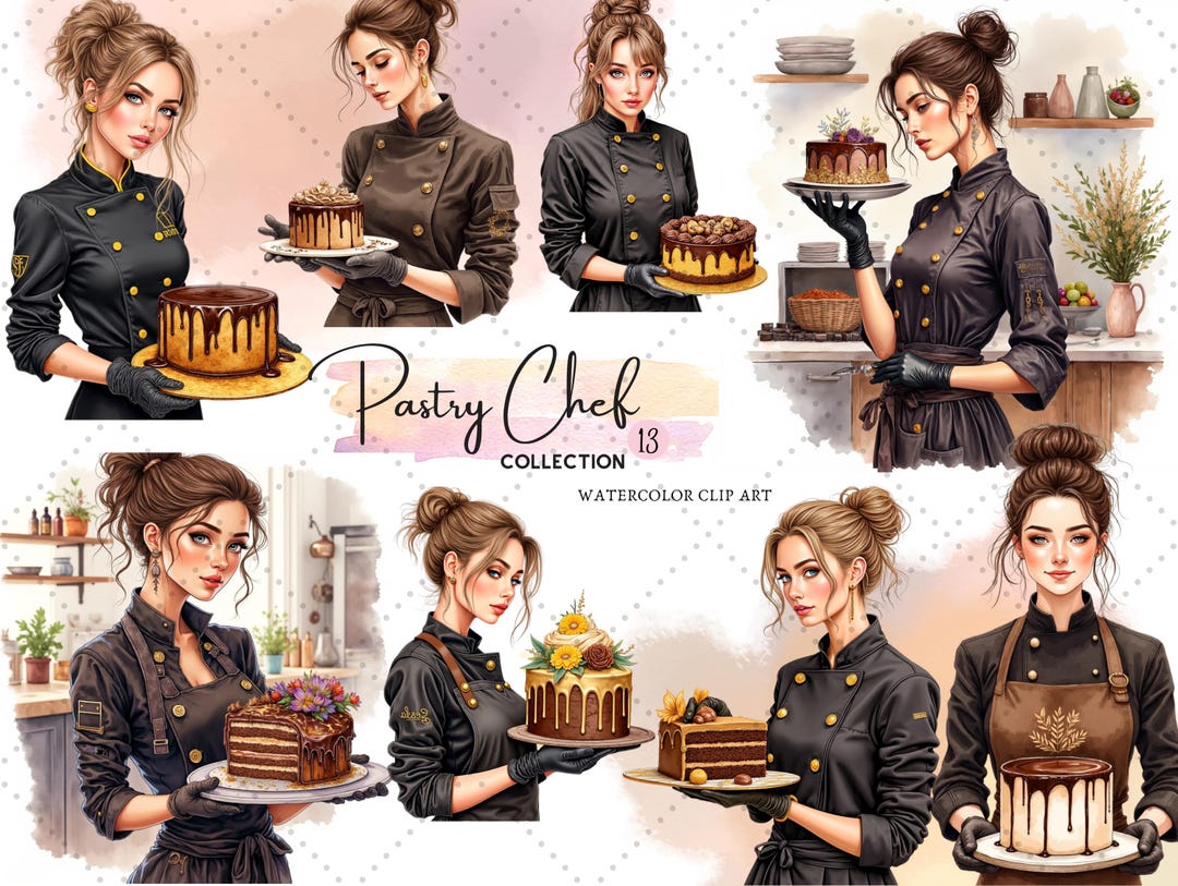 Girl Baking Clipart,pastry Chef Girls Watercolor Clipart Bundle ...