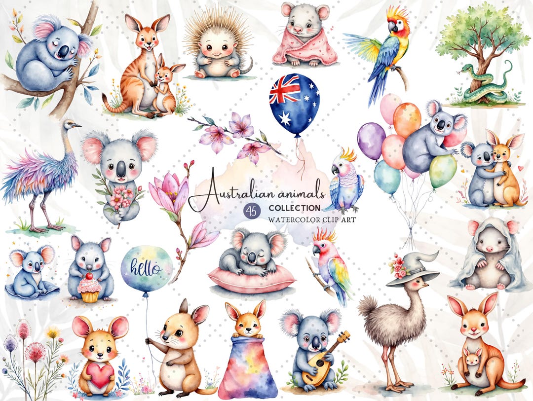 Australian Animals Clipart – Cute Koala, Kangaroo, Wombat PNG for Baby ...