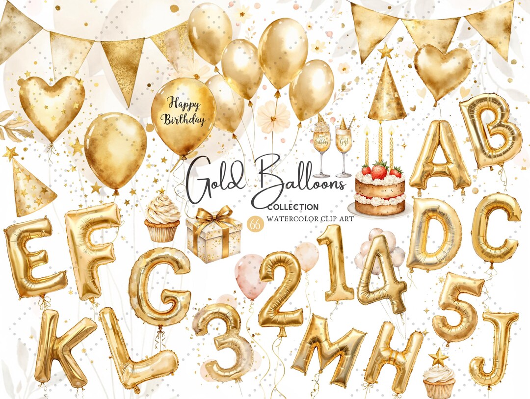 Gold Balloon Letters & Numbers Clipart – Party Decorations PNG, Foil ...