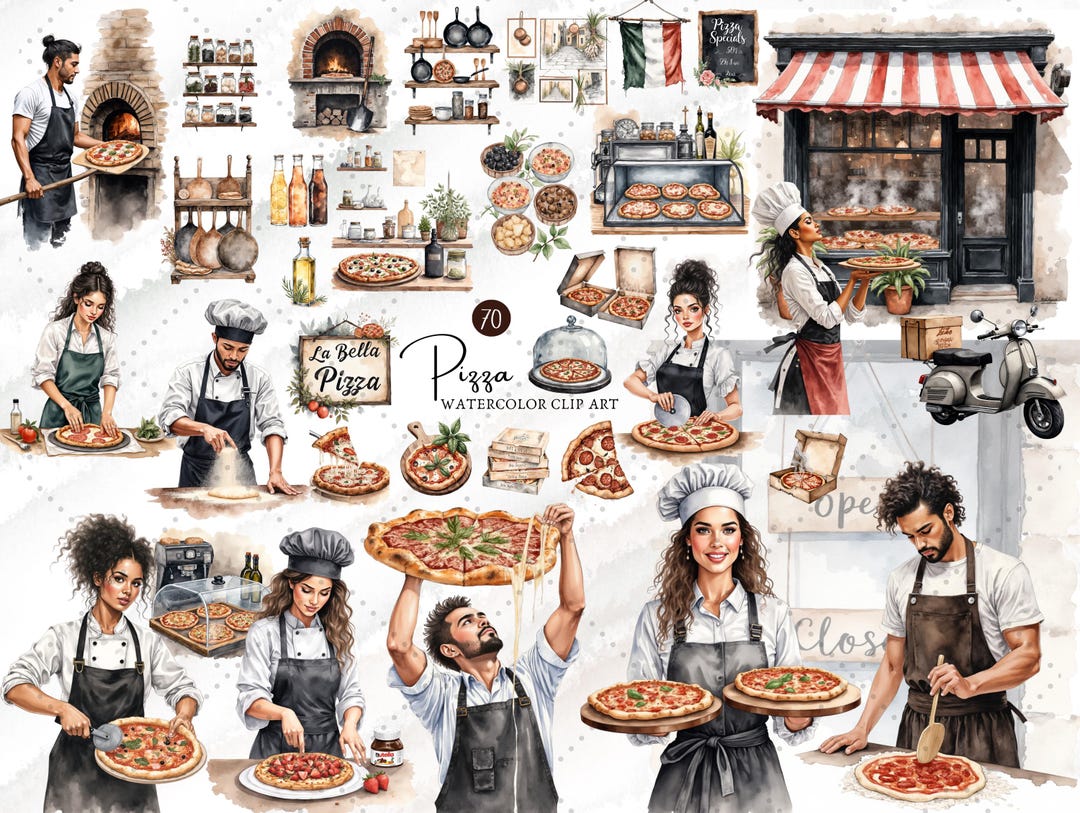 Pizza Clipart Bundle Tasty Watercolor PNG Set With Slices, Whole Pizzas ...