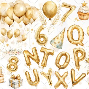 Gold Balloon Letters & Numbers Clipart – Party Decorations PNG, Foil ...
