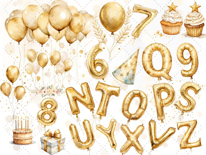 Gold Balloon Letters & Numbers Clipart – Party Decorations PNG, Foil ...