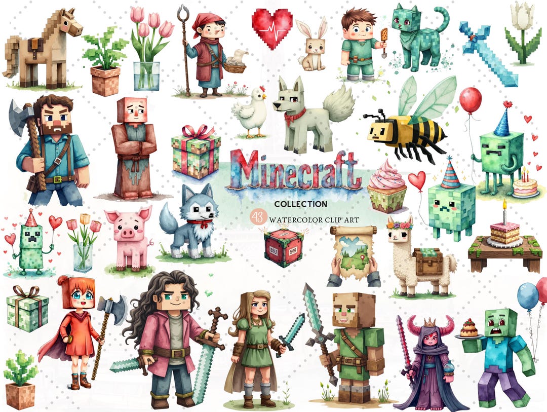 61 Pixel Adventure World Clipart Set – Blocky Game Style Characters ...