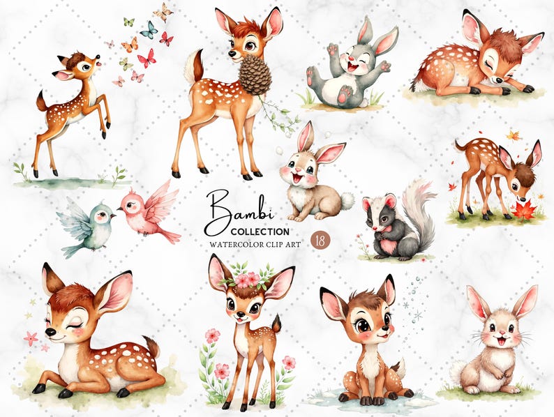 Baby Deer Clipart Set Cute Woodland Fawn PNG Bundle With Flowers Leaves ...