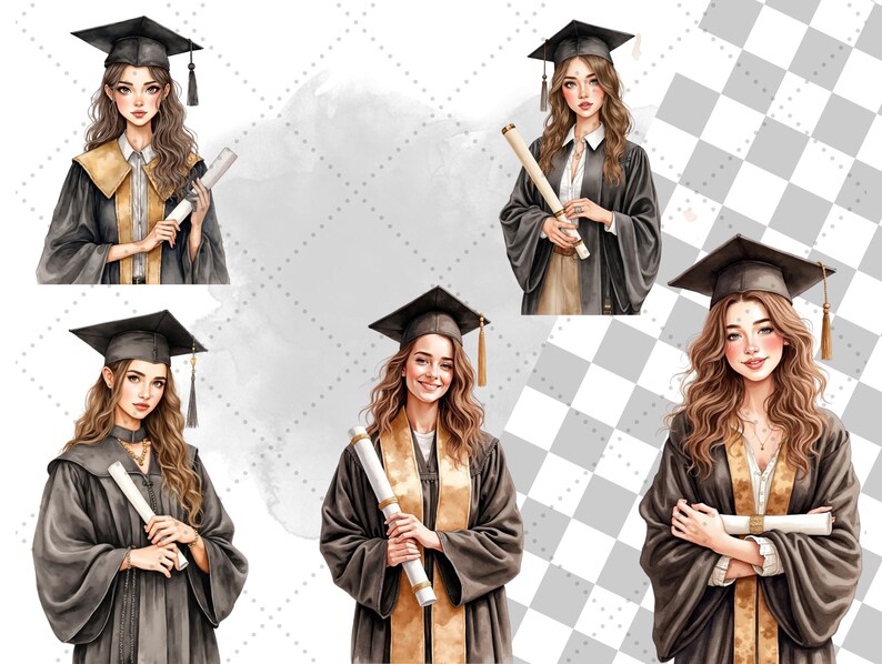 Black&gold Graduation Girl Clipart,watercolor Celebration Stickers ...