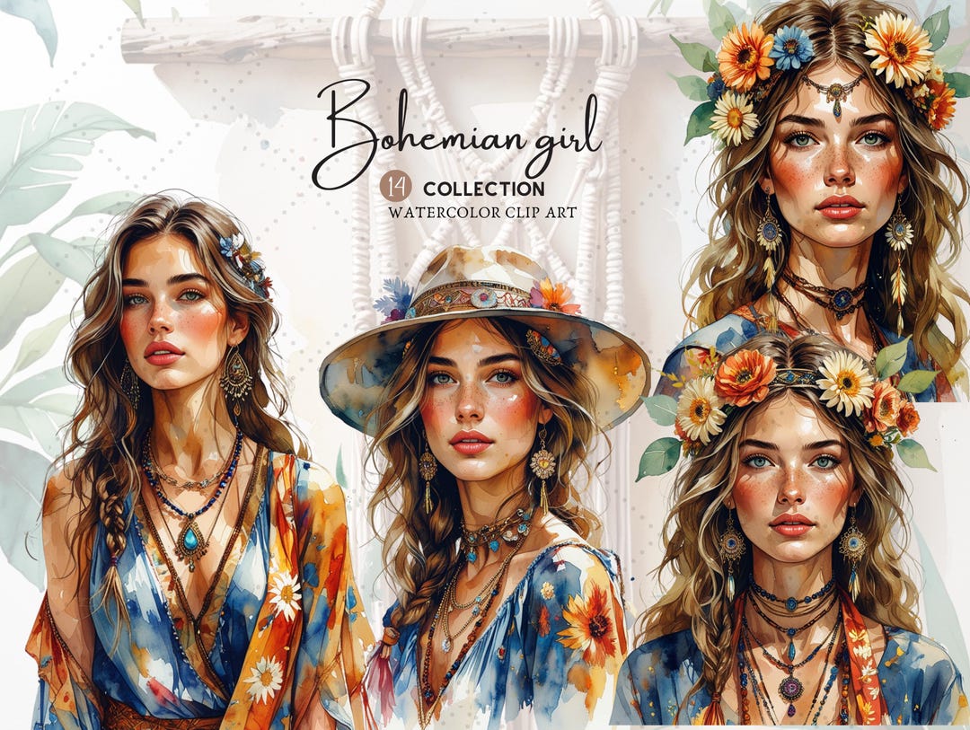 Bohemian Girl Clipart Watercolor, Digital Download, Bohemian Graphics ...