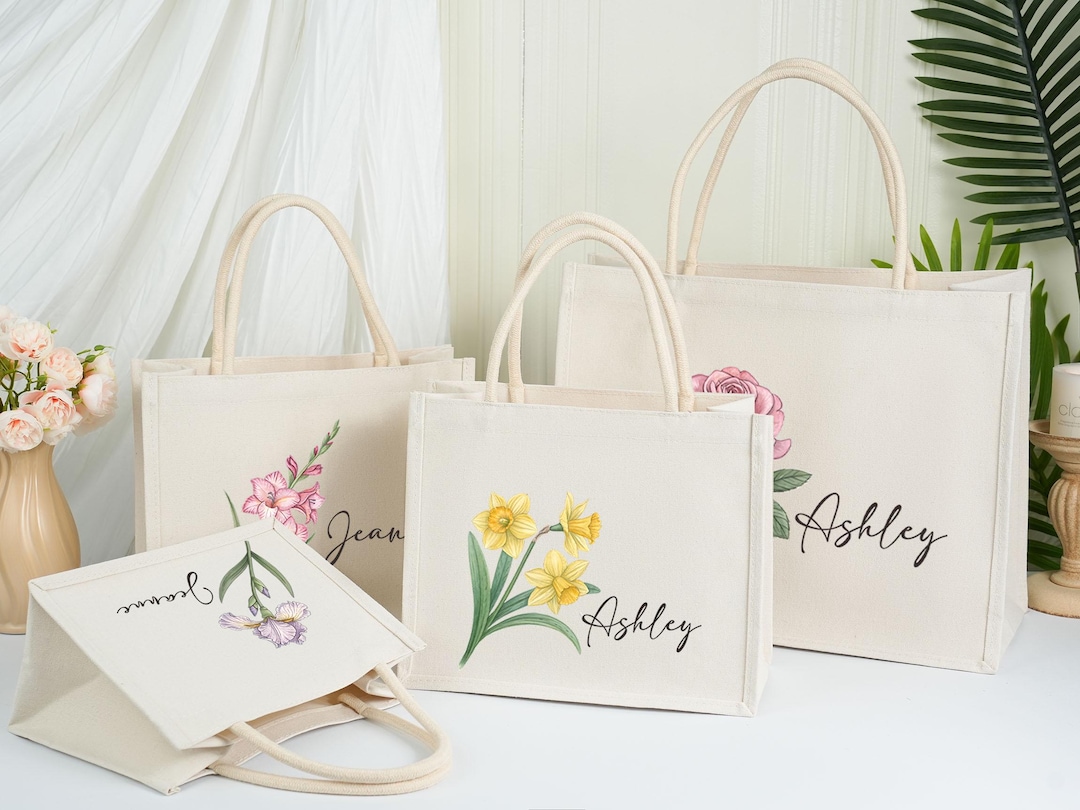 Custom Canvas Bag With Name &birth Month Flower,personalized Birth ...