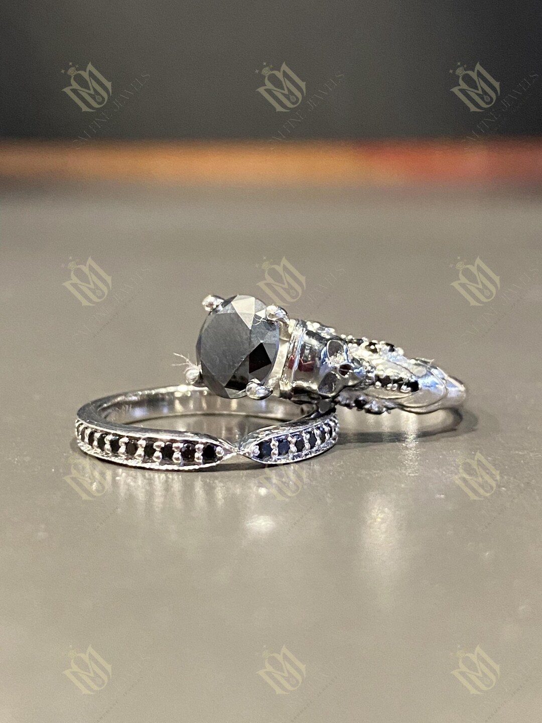2 Skulls Gothic Ring Set, Round Cut Black CZ & Moissanite Engagement ...