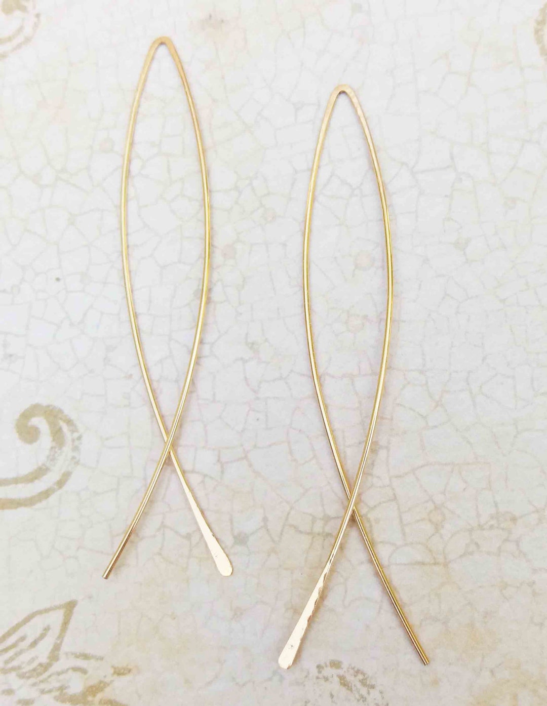Long Narrow Fish Hoop Earrings, Delicate Fish Threaders, 14k Yellow ...