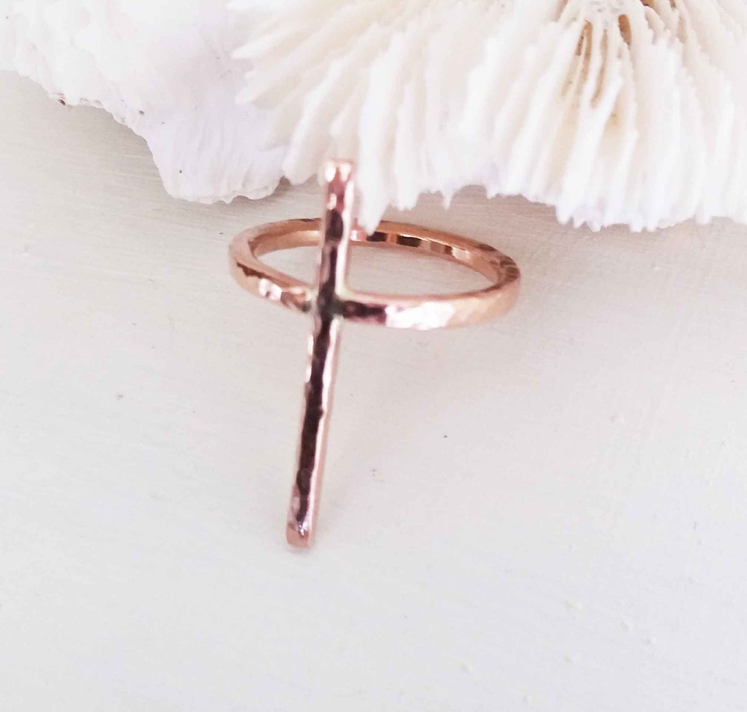 Thick Rose Gold Cross Ring, Long Cross Ring, Hammered Cross Ring ...