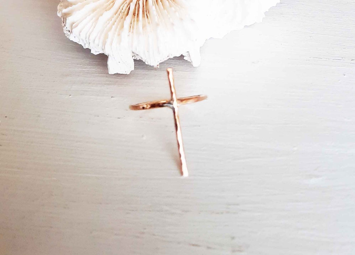 Thin Gold Cross Ring Long Cross Ring Hammered Cross Ring | Etsy