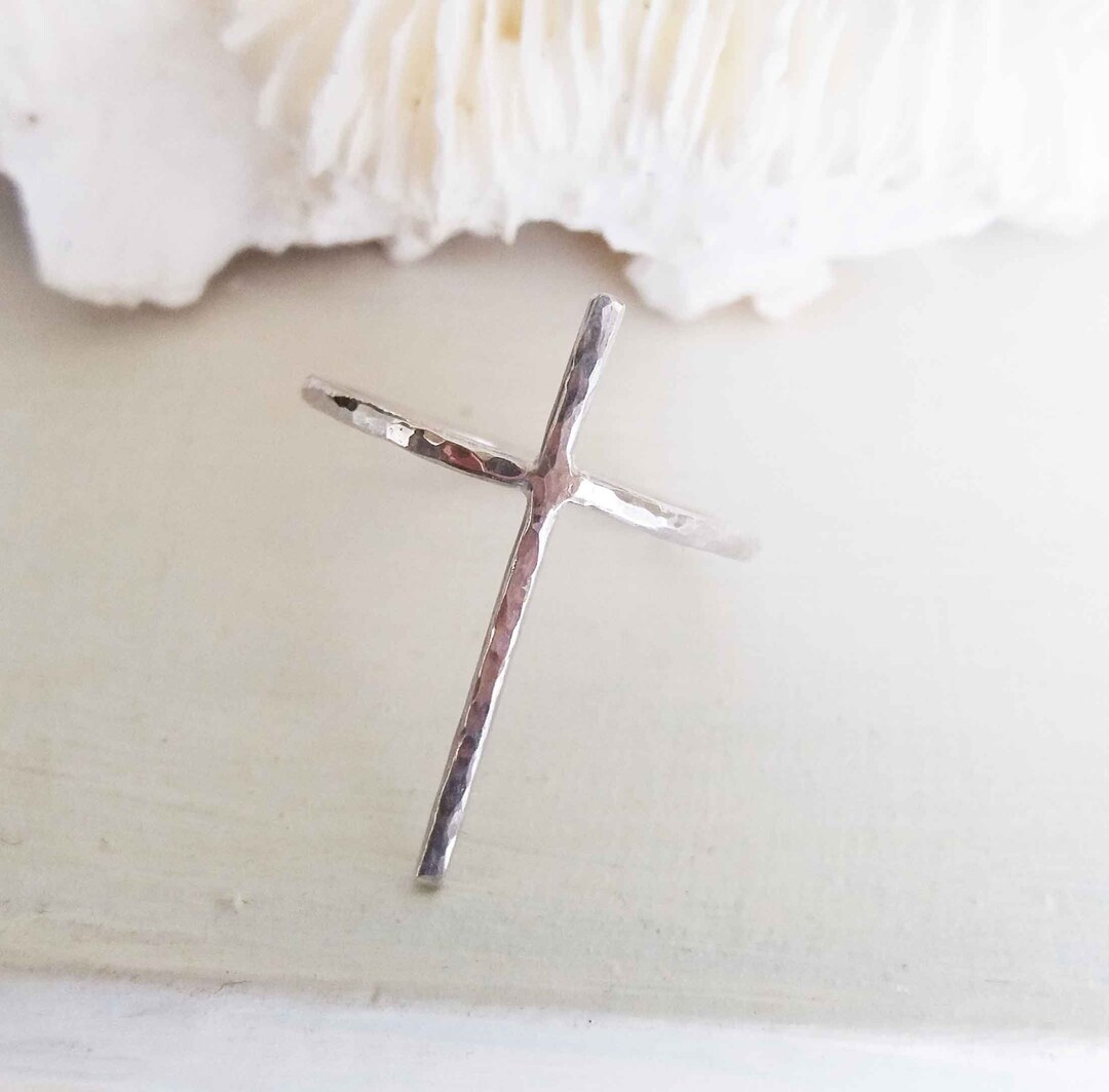 Thin Silver Cross Ring, Long Cross Ring, Hammered Cross Ring, Christian ...
