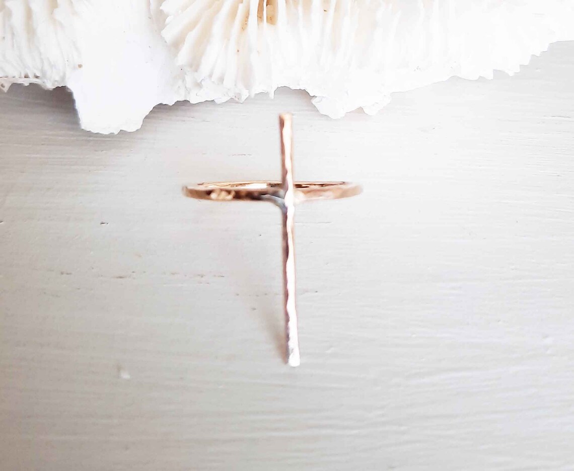 Thin Gold Cross Ring Long Cross Ring Hammered Cross Ring | Etsy