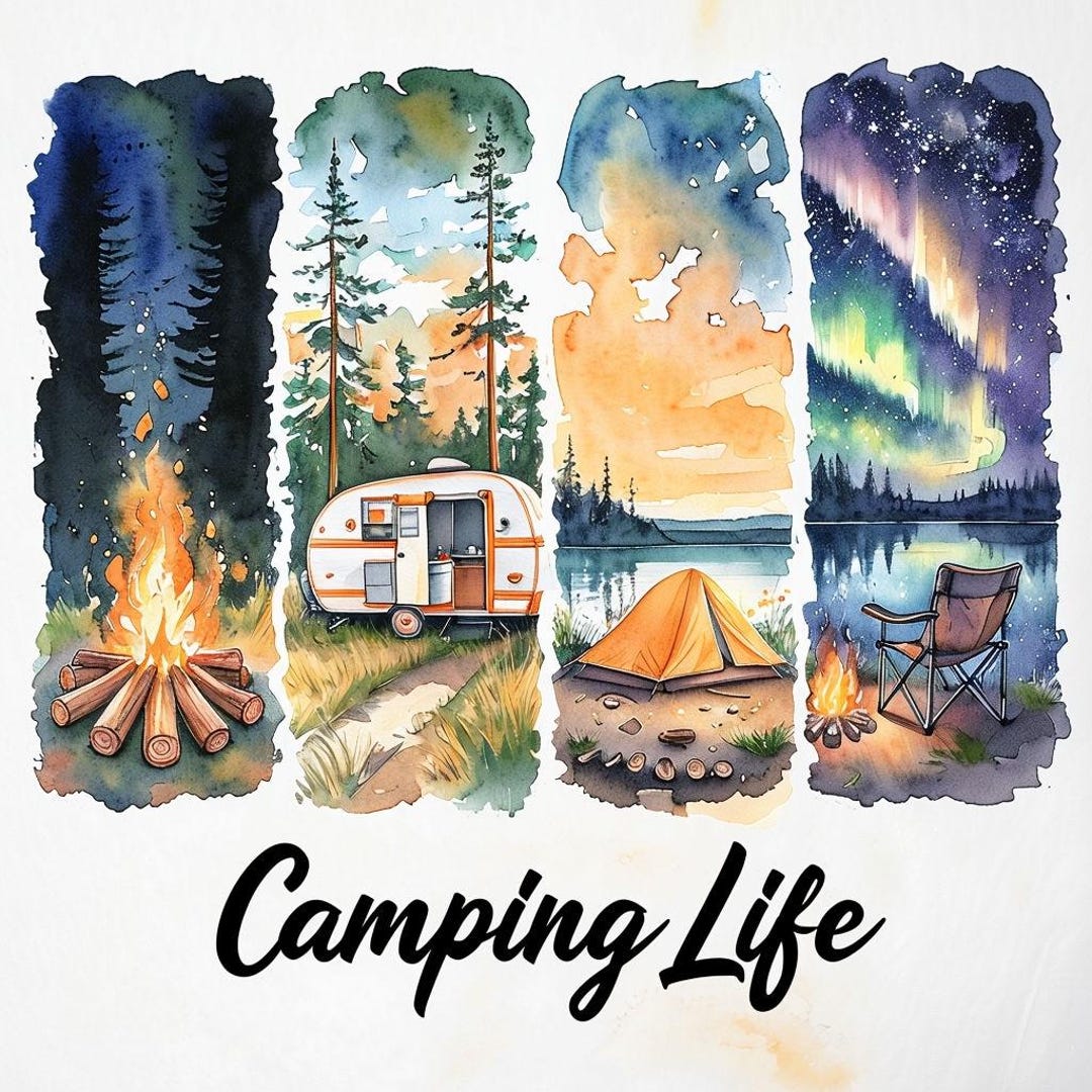 Camping Life Watercolor Clipart: Campfire, Tent & RV Art (PNG Digital ...