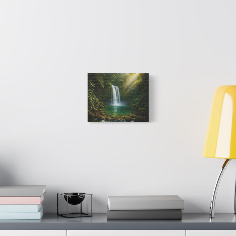 Emerald Waterfall Jungle Canvas Art, Sunbeam Rainforest Landscape Print ...