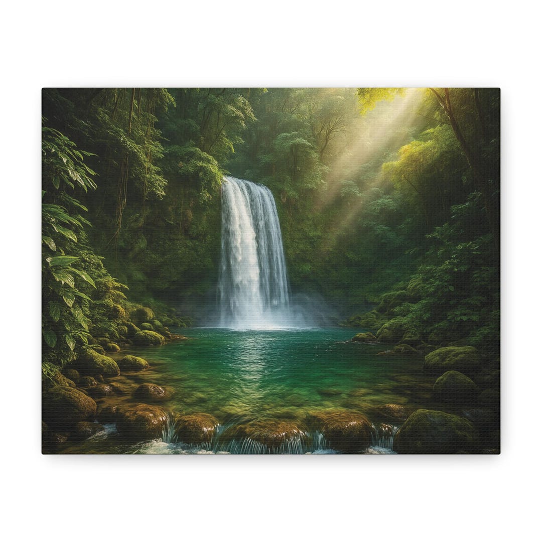 Emerald Waterfall Jungle Canvas Art, Sunbeam Rainforest Landscape Print ...