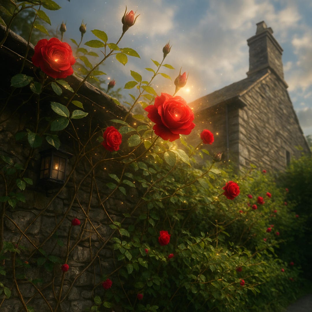 Red Rose Cottage Wall Art, Enchanted Garden Fantasy, Romantic Stone ...