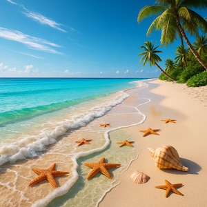 Tropical Beach Digital Art, Sea Shells & Starfish, 3000×3000px PNG ...