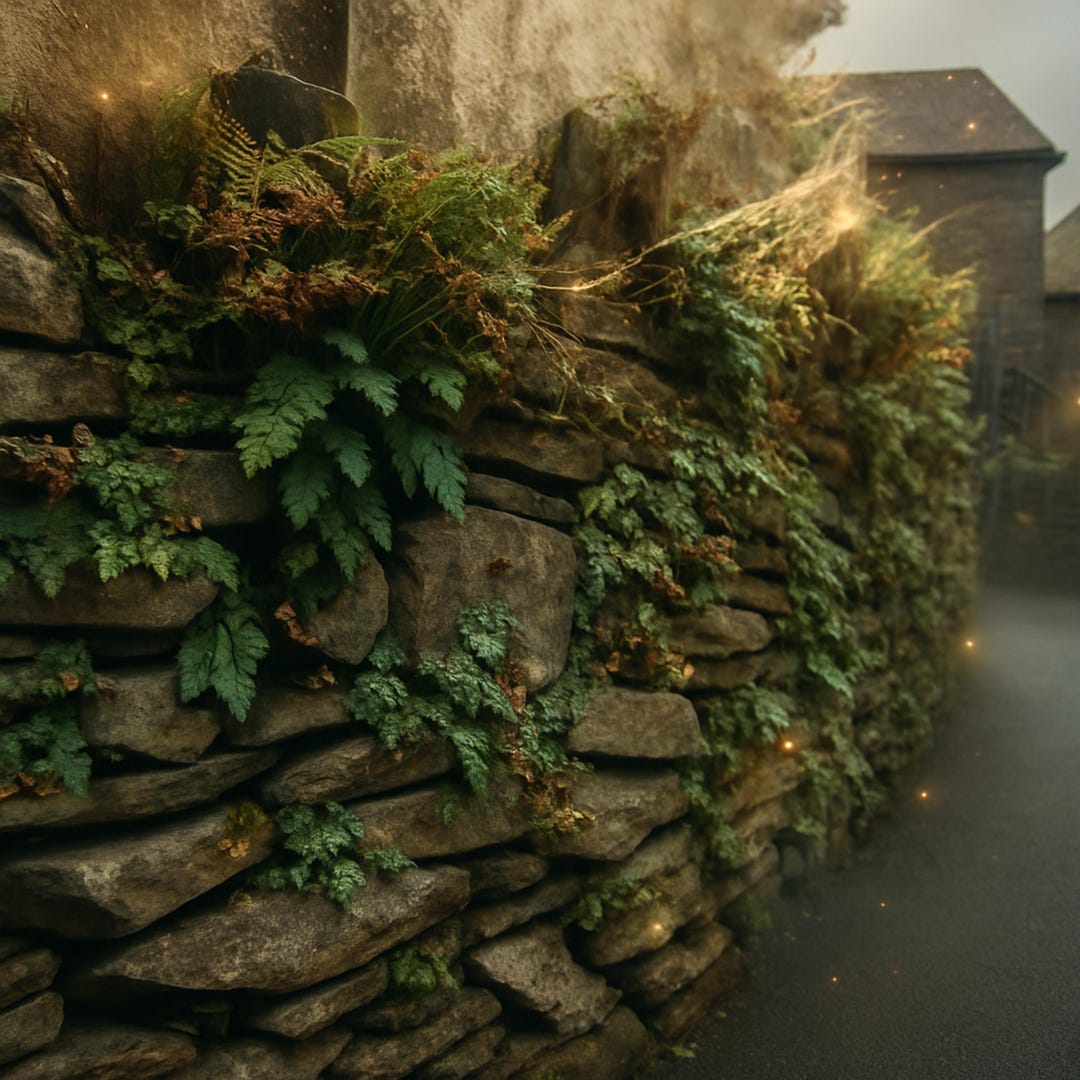 Fern Covered Stone Wall Wall Art, Quiet Village Path, Calm Nature ...