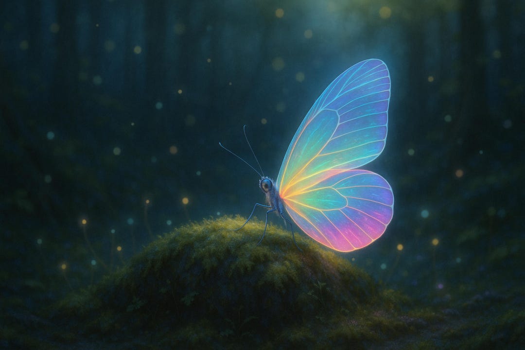 Glasswing Butterfly Wall Art, Rainbow Glow Forest Print, Ethereal ...