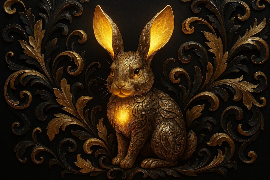 Golden Rabbit Digital Art – Super 3D Embossed Bunny Wall Print, Fantasy ...