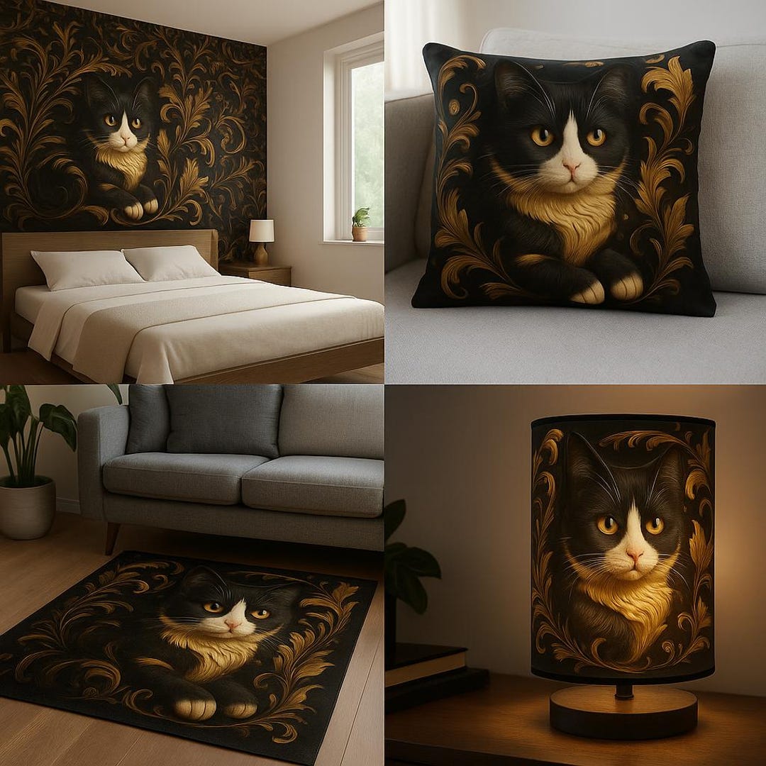 Baroque Cat Wall Art – Elegant Black & Gold Kitty Digital Download ...