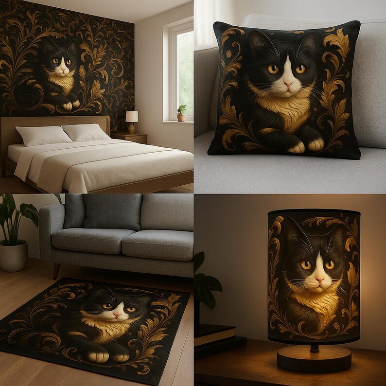 Baroque Cat Wall Art: Elegant Black & Gold Feline (digital Download) - Etsy