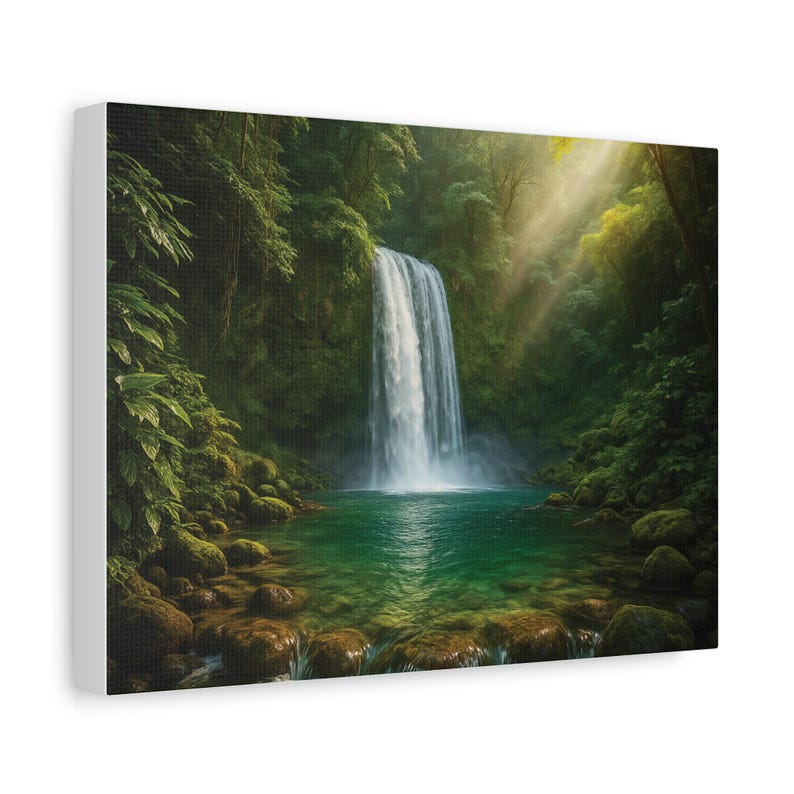 Emerald Waterfall Jungle Canvas Art, Sunbeam Rainforest Landscape Print ...