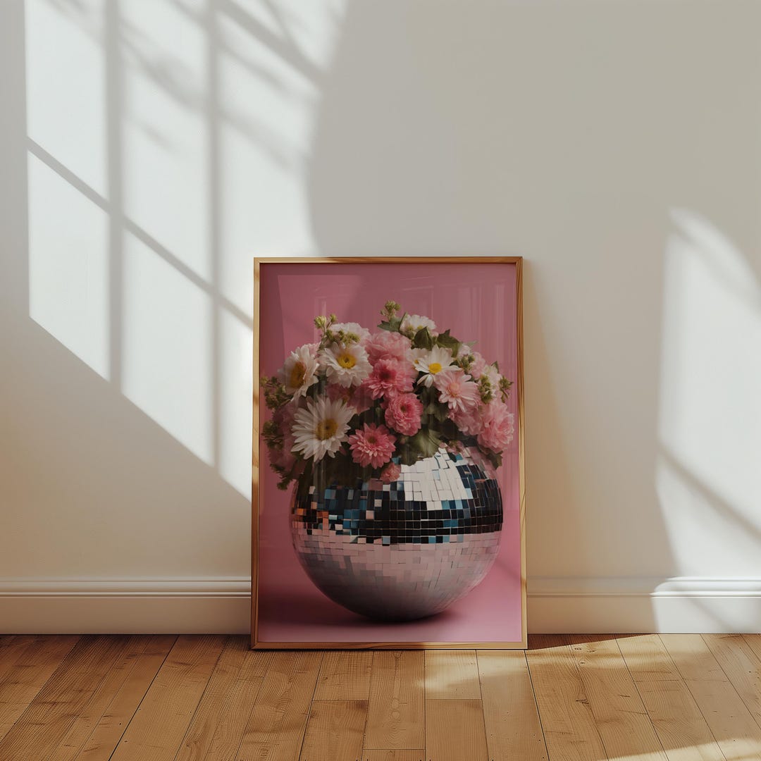 Pink Disco Ball Florals Digital Download Print, Maximalist Funky Art ...