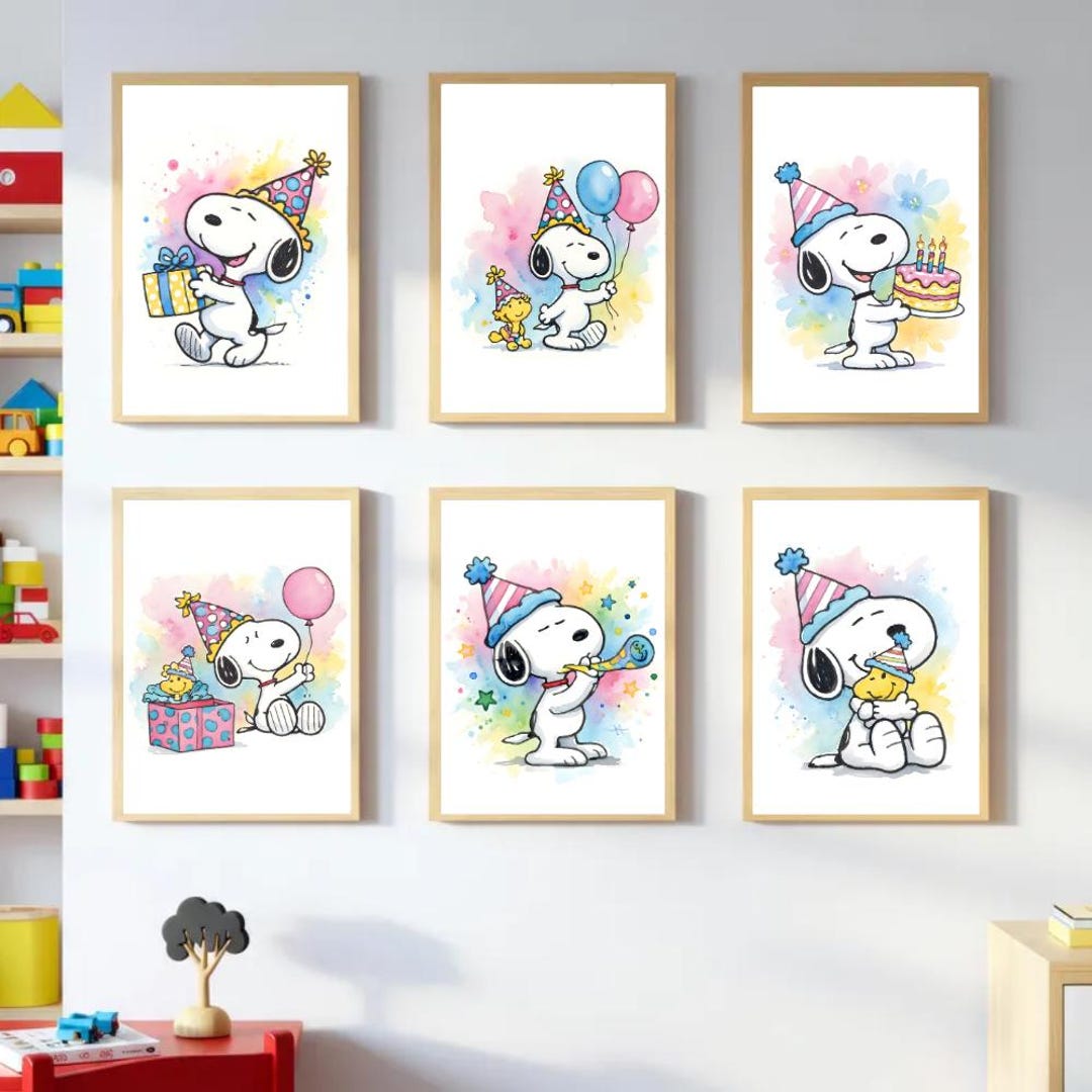 Snoopy Birthday Wall Art Nursery Decor PNG Watercolor Cartoon Dog Party ...