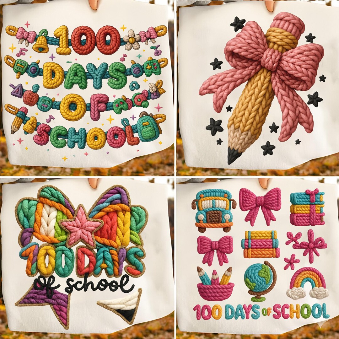 Knitted 100 Days of School PNG Bundle, Cute Pastel Yarn Texture Designs ...