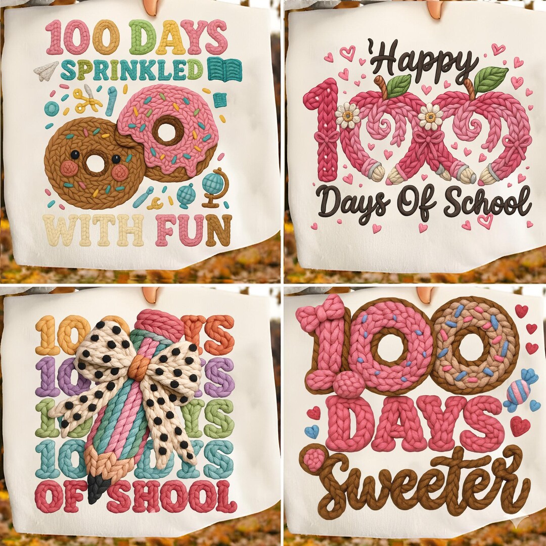 100 Days of School PNG Bundle, Crochet Texture Donut Pencil Bow PNG ...