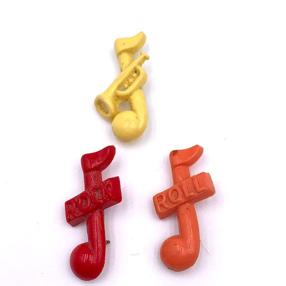 Rock and Roll Plastic Novelty Pins Set of 3 Vintage 5… - Gem