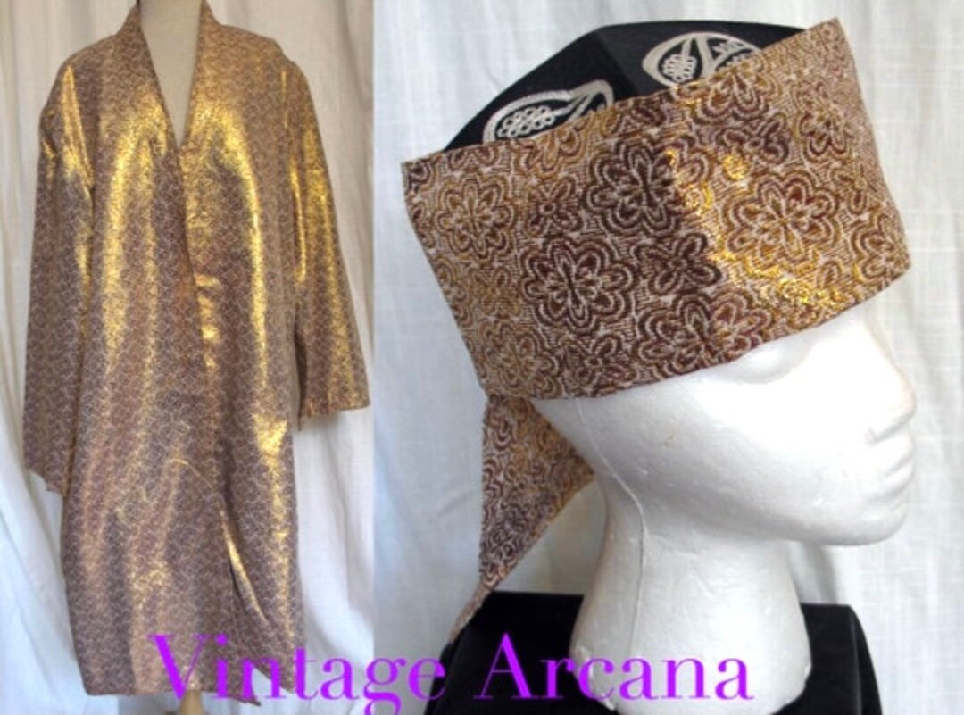 Uzbek Gold Brocade Kaftan Coat and Hat Set Chapan SZ M/L Vintage 1970s ...