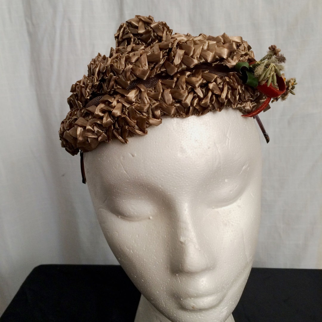 Vintage 1930s Woven Raffia Toque Hat With Flowers and Velvet Bow - Etsy
