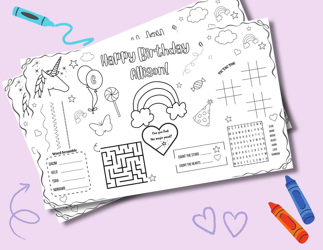 Personalized Unicorn Party Activity Page, Unicorn Party Placemat ...