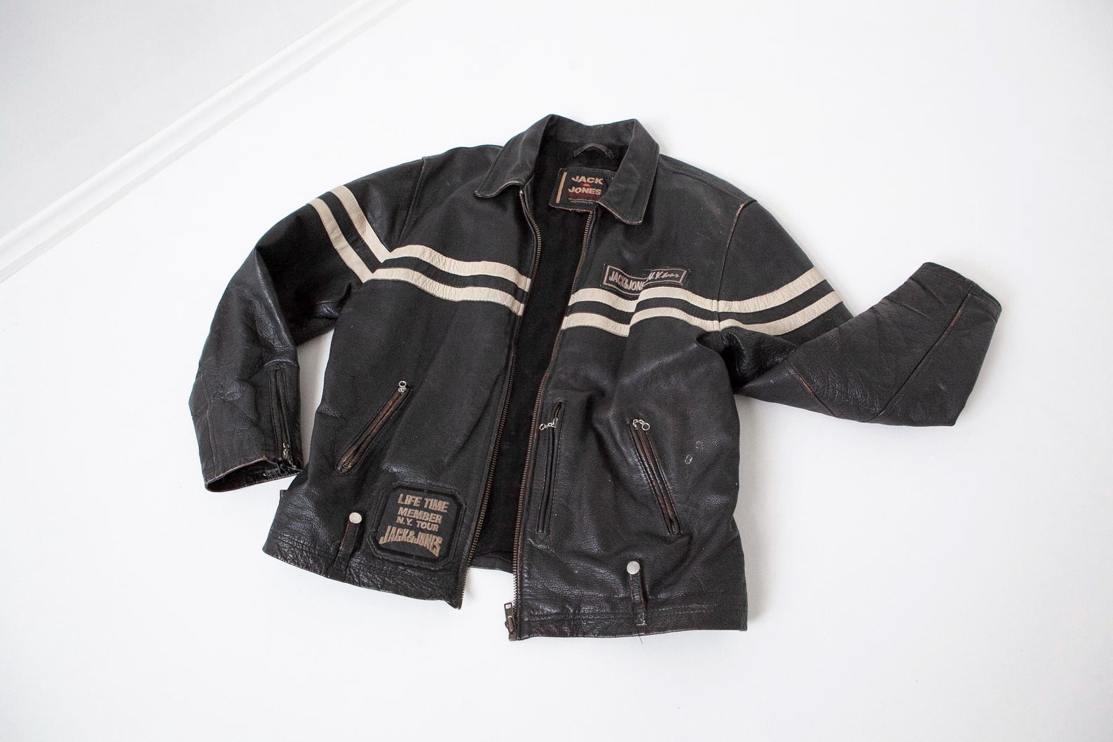 Vintage Leather Biker Jacket Men Size L, Striped Motorcycle Jacket ...