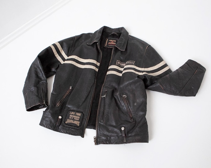 Vintage Leather Biker Jacket Men Size L, Striped Motorcycle Jacket ...