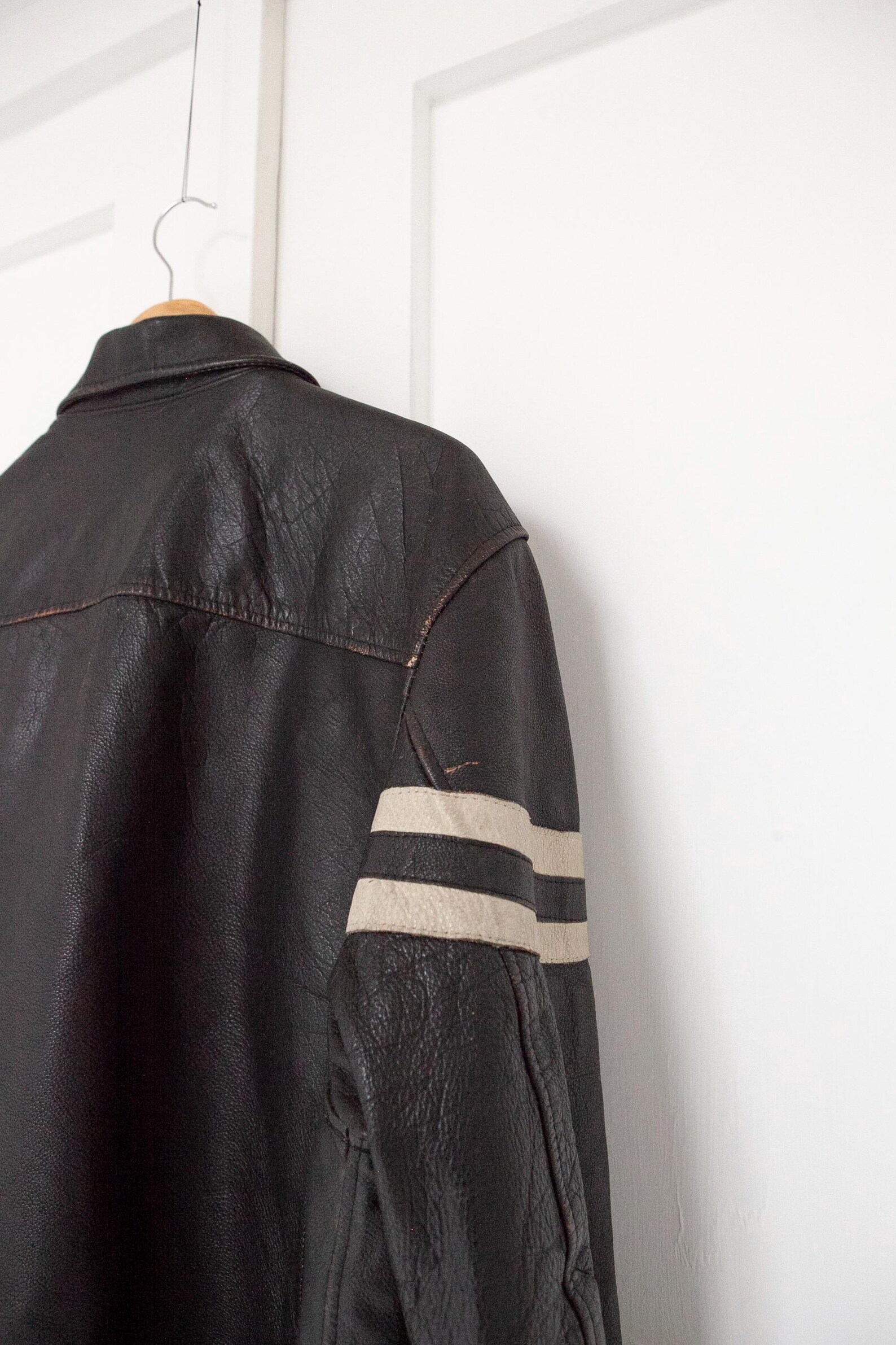 Vintage Leather Biker Jacket Men Size L, Striped Motorcycle Jacket ...